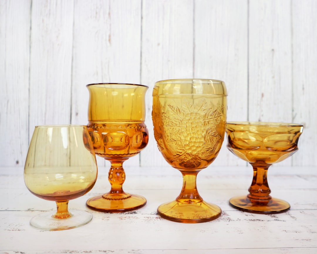 4-pc Mismatched Vintage Amber Golden Yellow-orange Glasses Goblets ...