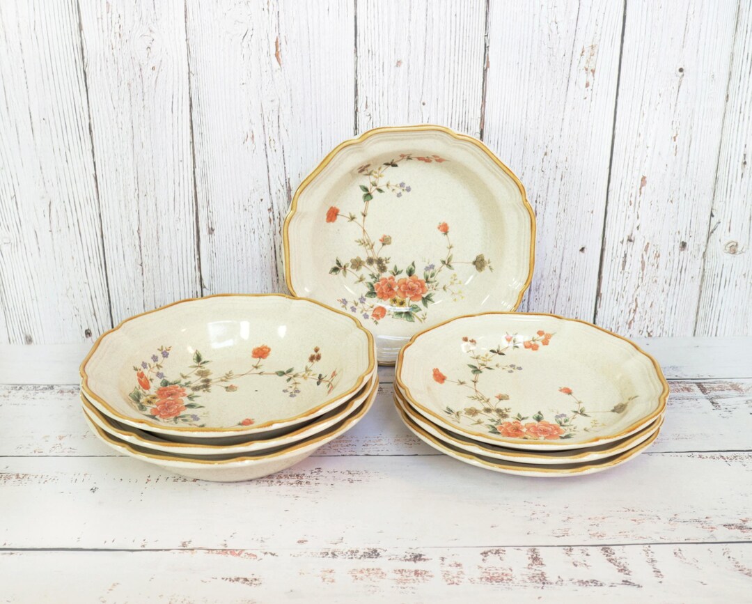 7-pc Mikasa Speckled Stoneware Garden Club Silk Bouquet Peach Floral ...