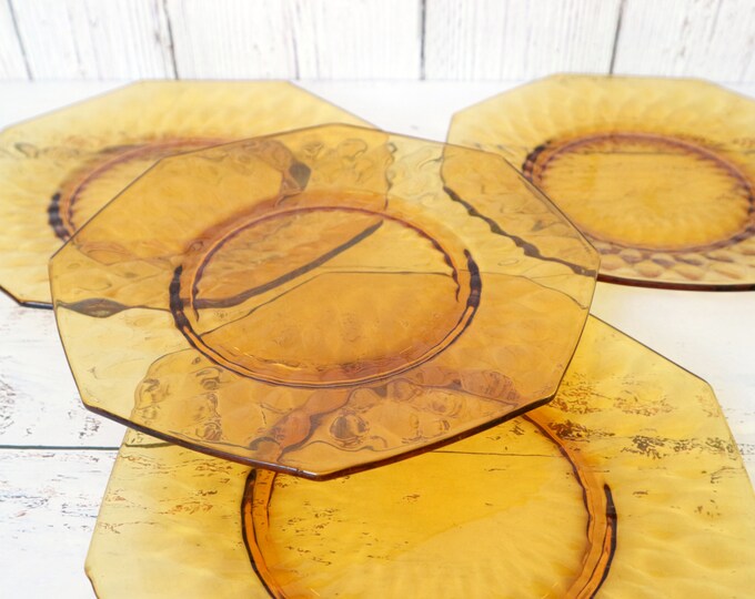 Vintage Amber Glass Plates Set 4 Luncheon Appetizer Dessert | Mid ...