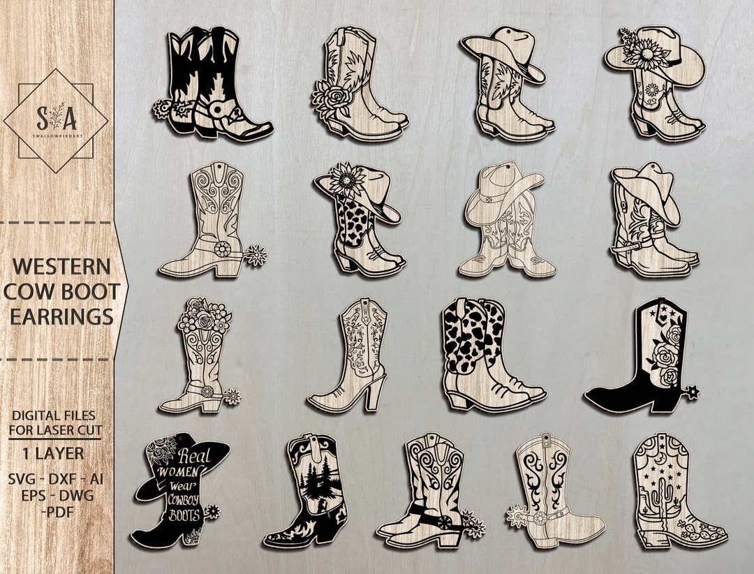 Western Cowboy Boot Earrings Bundle Svg, Cowgirl Boot Earring Svg ...