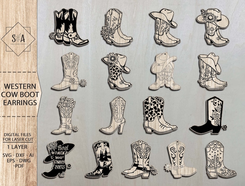 Western Cowboy Boot Earrings Bundle Svg, Cowgirl Boot Earring Svg ...