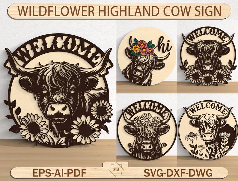 Wildflower Highland Cow Sign, Welcome Door Hanger Laser Cut Files, Farm ...