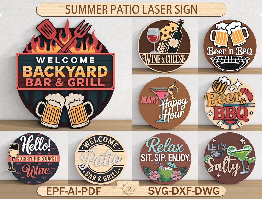 Summer Patio Sign Bundle, Laser Cut Files for BBQ Bar & Grill, Wine ...