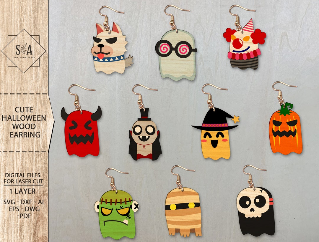 Cute Halloween Wood Earrings Bundle SVG, Halloween Ghost Boo Earring ...