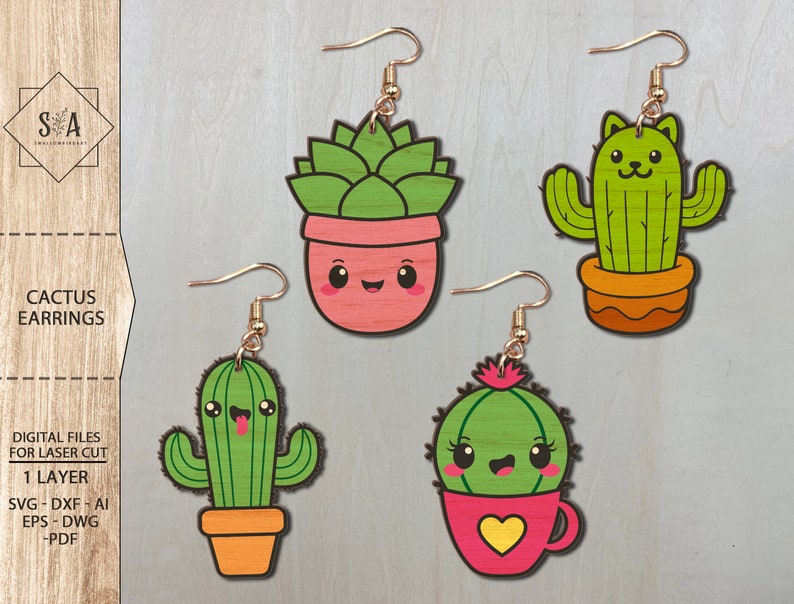 Cactus Earrings Bundle SVG , Kawaii Plant Earrings , Laser Earrings ...