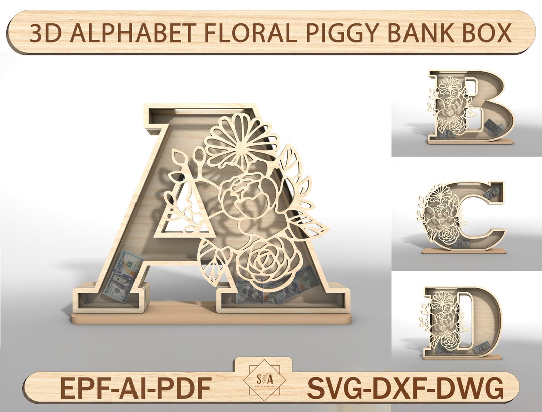 Bundle Personalised Alphabet Kids Piggy Bank Svg,3d Letter Piggy Bank ...