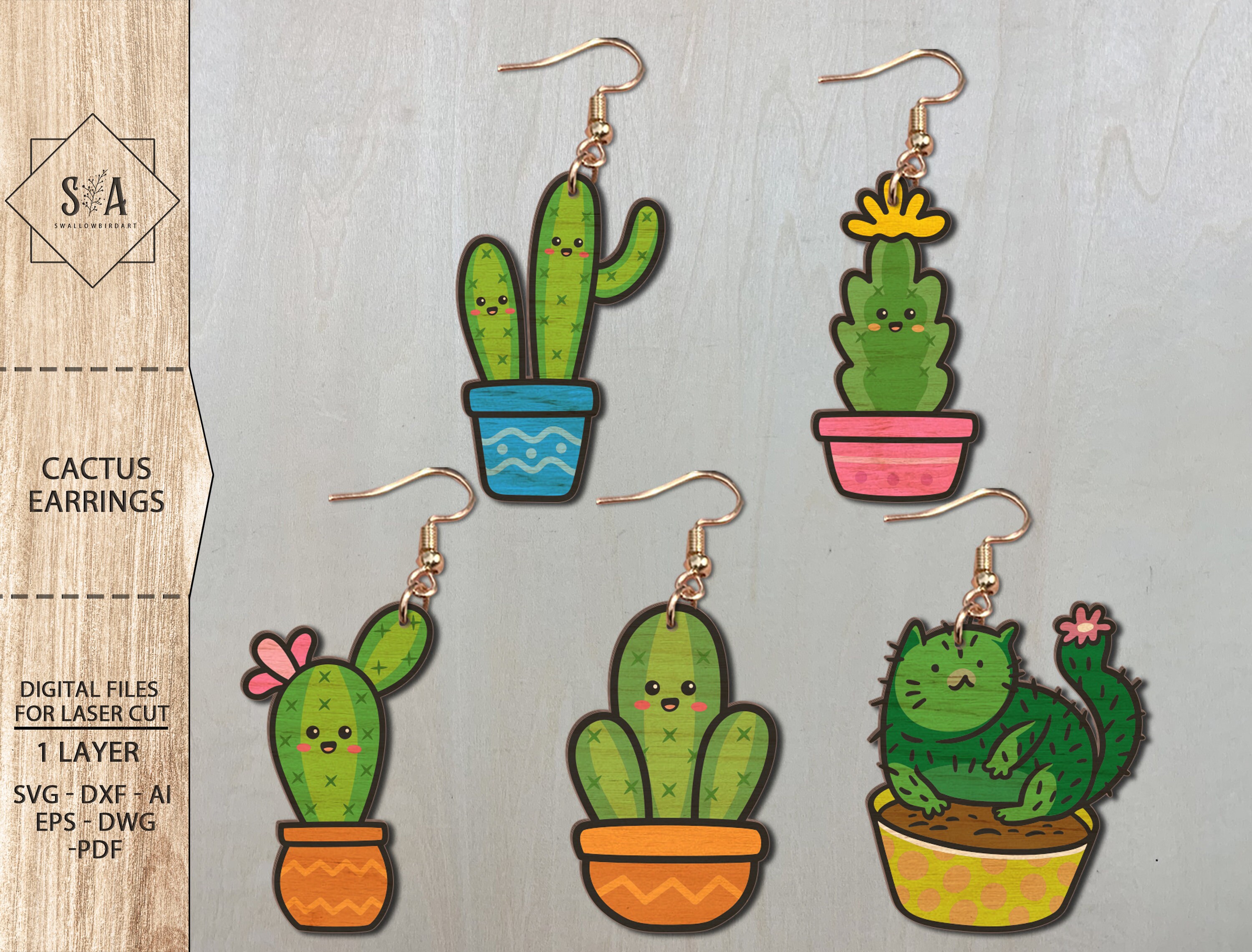 Cactus Earrings Bundle SVG , Kawaii Plant Earrings , Laser Earrings ...