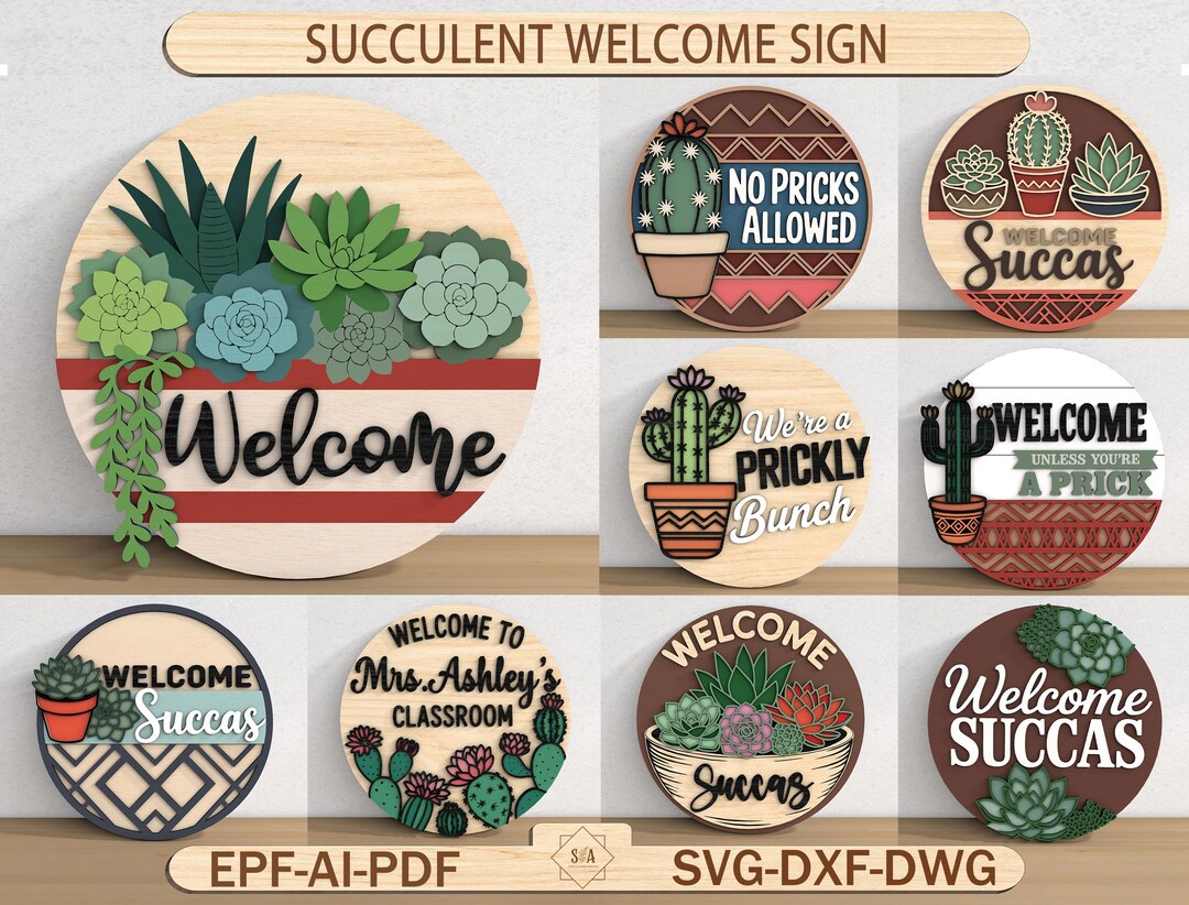 Succulent Welcome Sign SVG Bundle, Funny Cactus Door Hanger Laser Cut ...