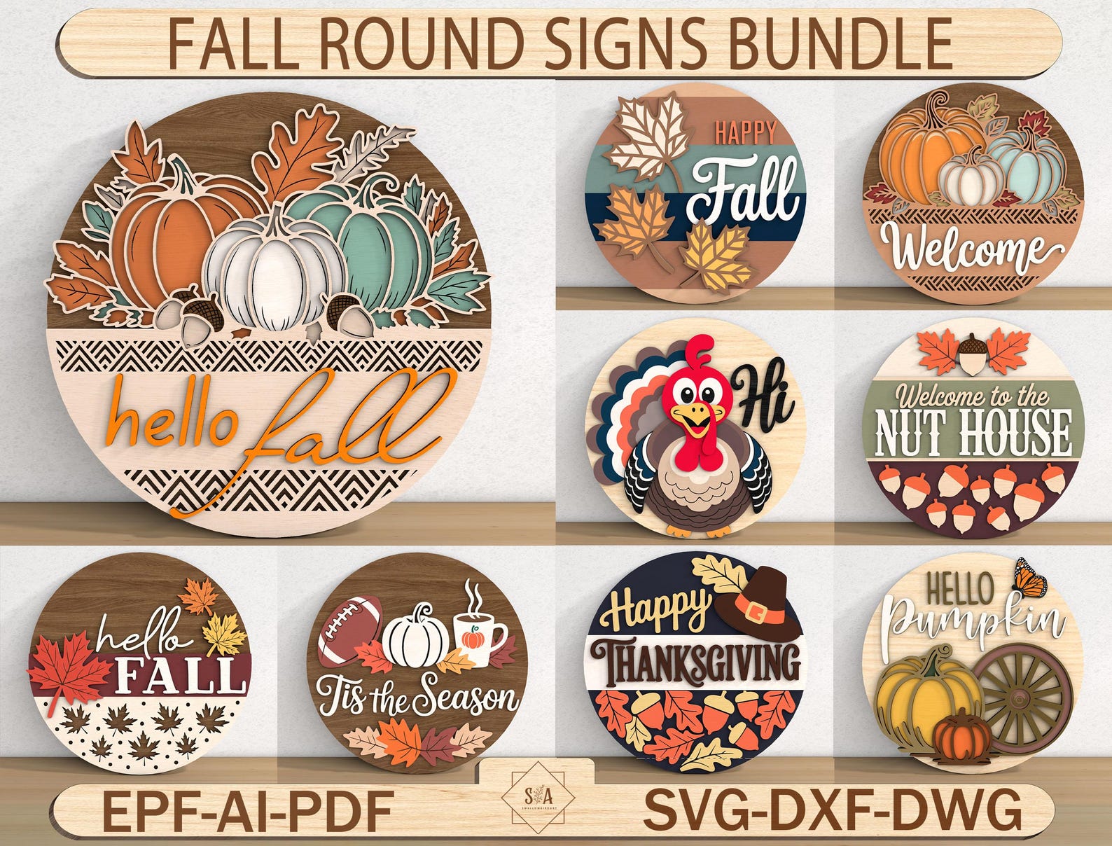 Fall Round Sign SVG Bundle , Thanksgiving Door Hanger, Autumn Laser Cut ...