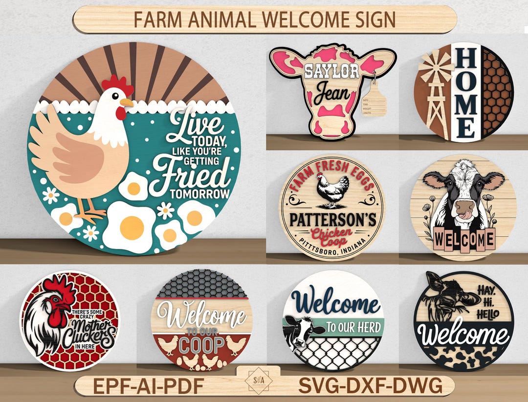 Farm Animal Welcome Sign , Round Door Hanger Svg, Glowforge Laser File ...