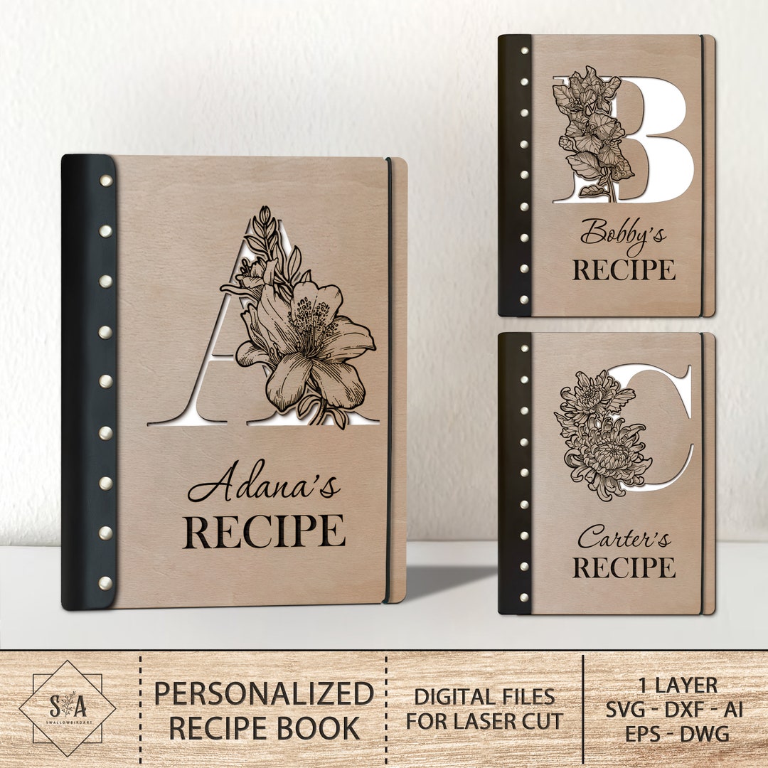 Personalized Floral Alphabet Recipe Book, Wooden Recipe Book ,wooden ...