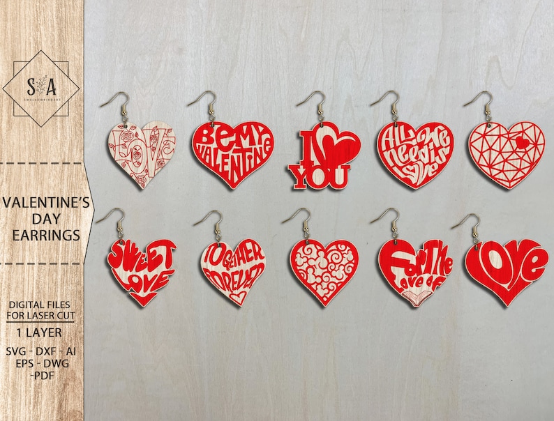 Valentine’s Day Earrings Laser Cut SVG, Love Heart Earrings Glowforge ...