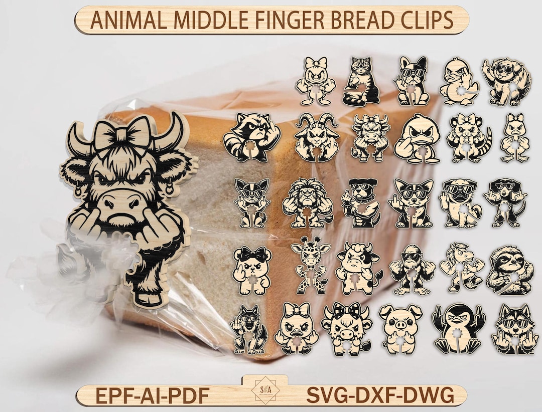 Animal Middle Finger Bread Clips SVG Laser Cut, Bag Clip File, Animals ...