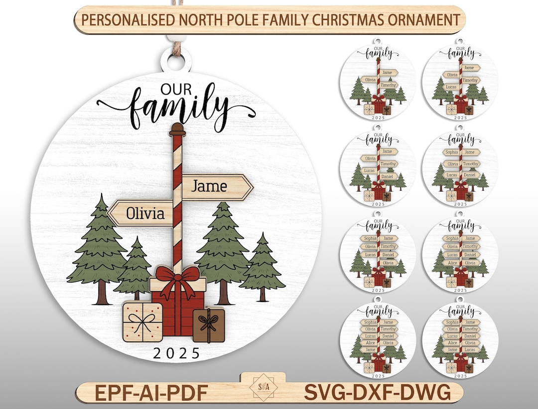 Personalized North Pole Family Ornament SVG, Christmas Laser Cut File ...
