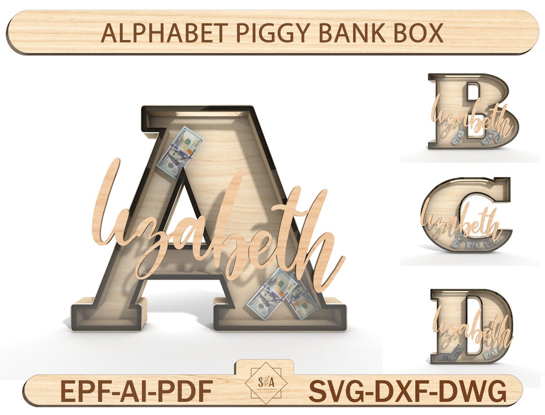 Personalised Alphabet Kids Piggy Bank Svg, 3D Letter Piggy Bank Svg, A ...