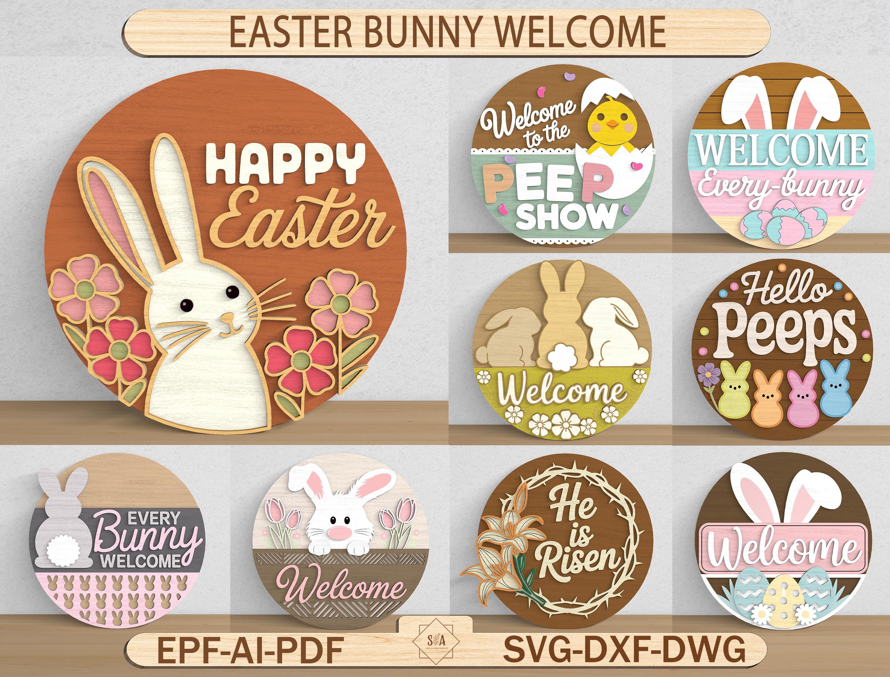 Easter Bunny Welcome Sign Bundle SVG, Layered Round Easter Signs ...
