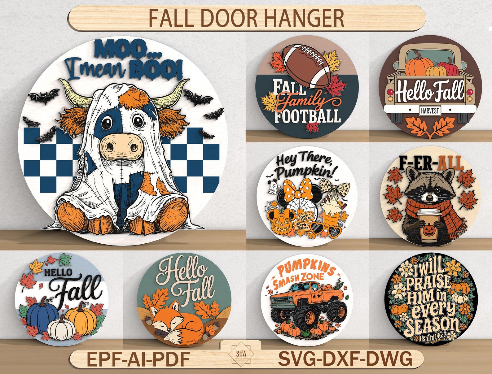 Fall Door Hanger SVG Bundle, Autumn Round Sign Laser Cut Files ...