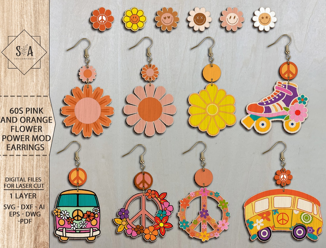 60s Pink and Orange Flower Power Mod Earrings SVG, Groovy Girl ...