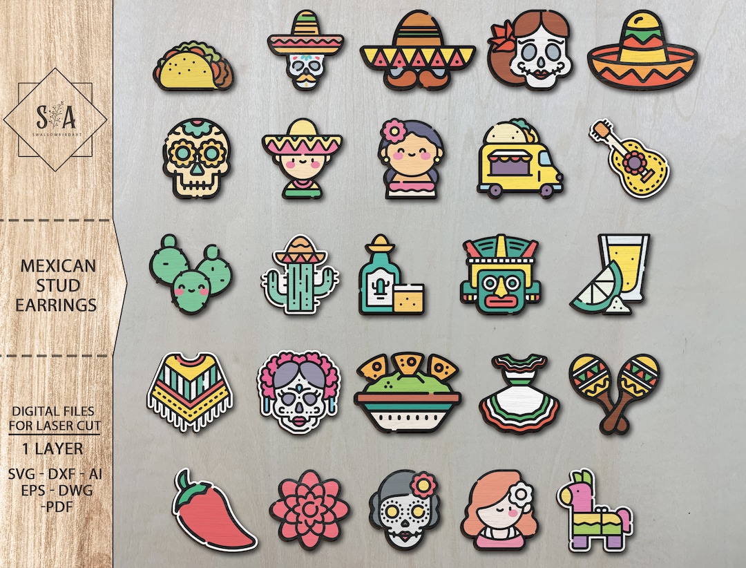 Mexican Stud Earrings Bundle SVG , Laser Earrings Files , Glowforge ...