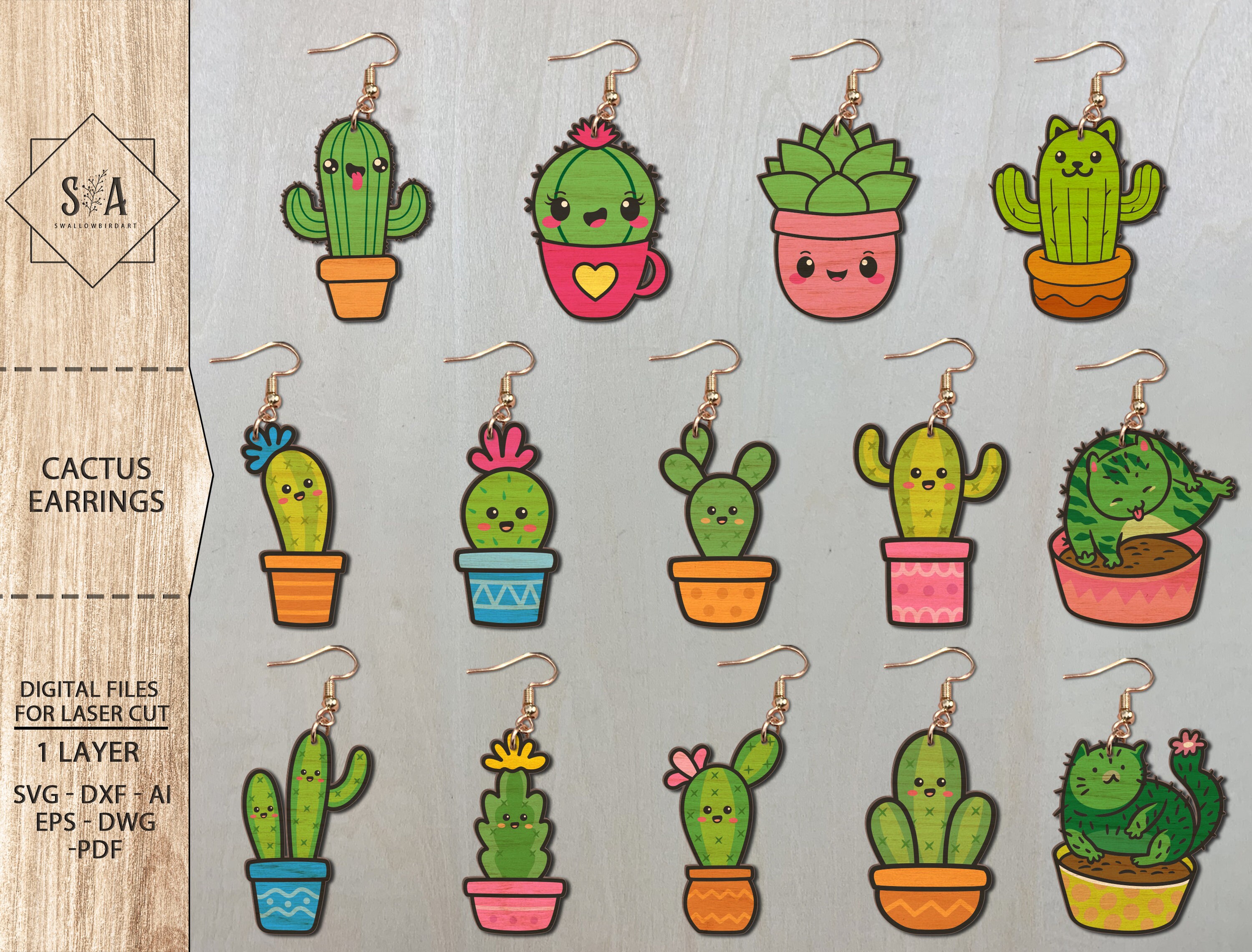 Cactus Earrings Bundle SVG Kawaii Plant Earrings Laser - Etsy