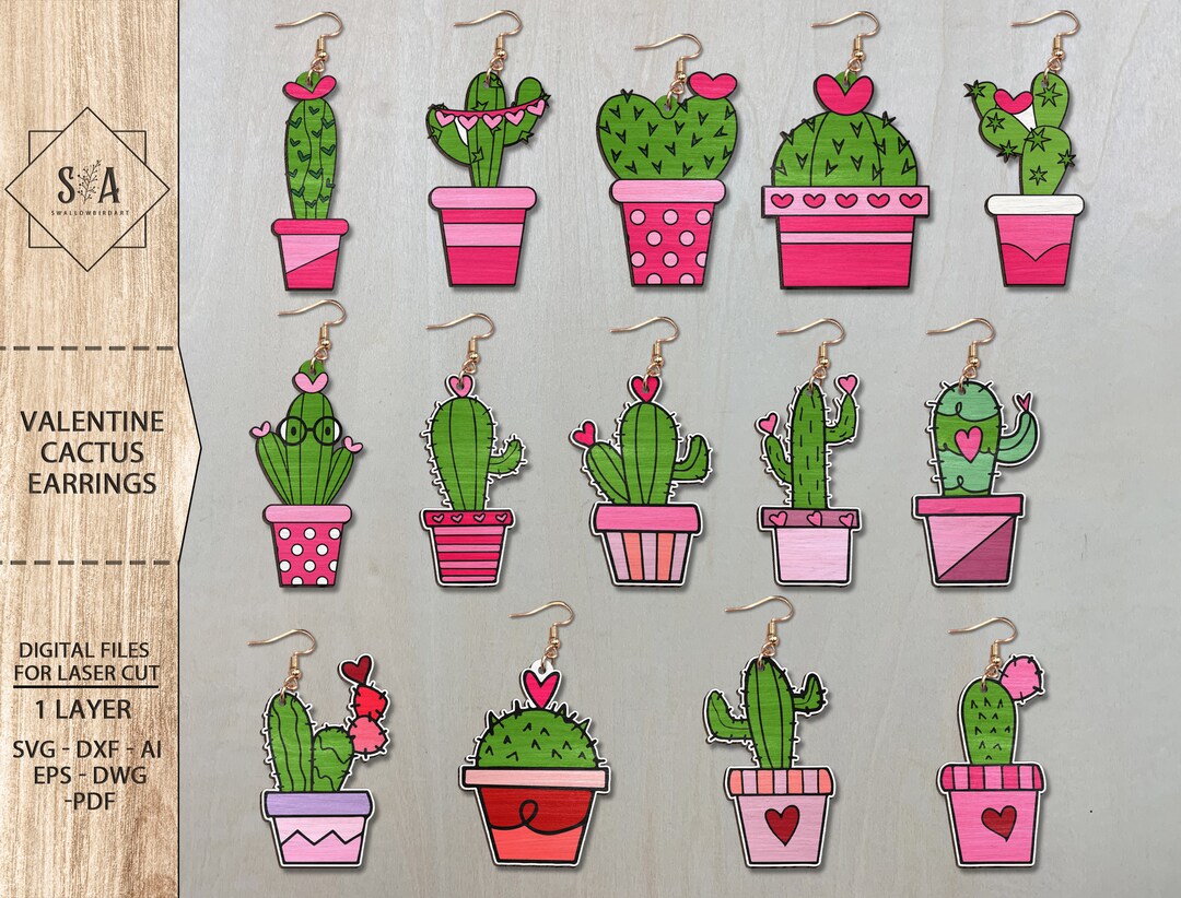 Valentine Cactus Earrings Svg Laser Cut File, Cute Cactus Earrings ...