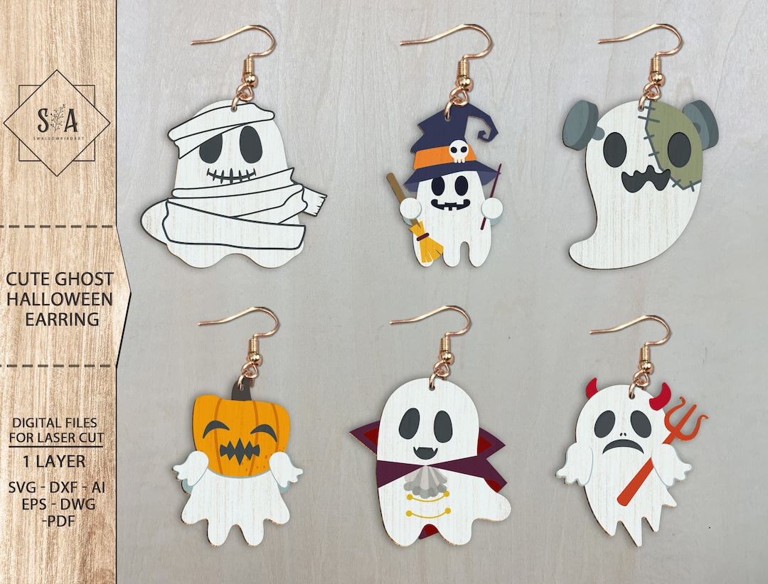 Halloween Ghost Earrings Bundle SVG, Cute Ghost Halloween Earring ...