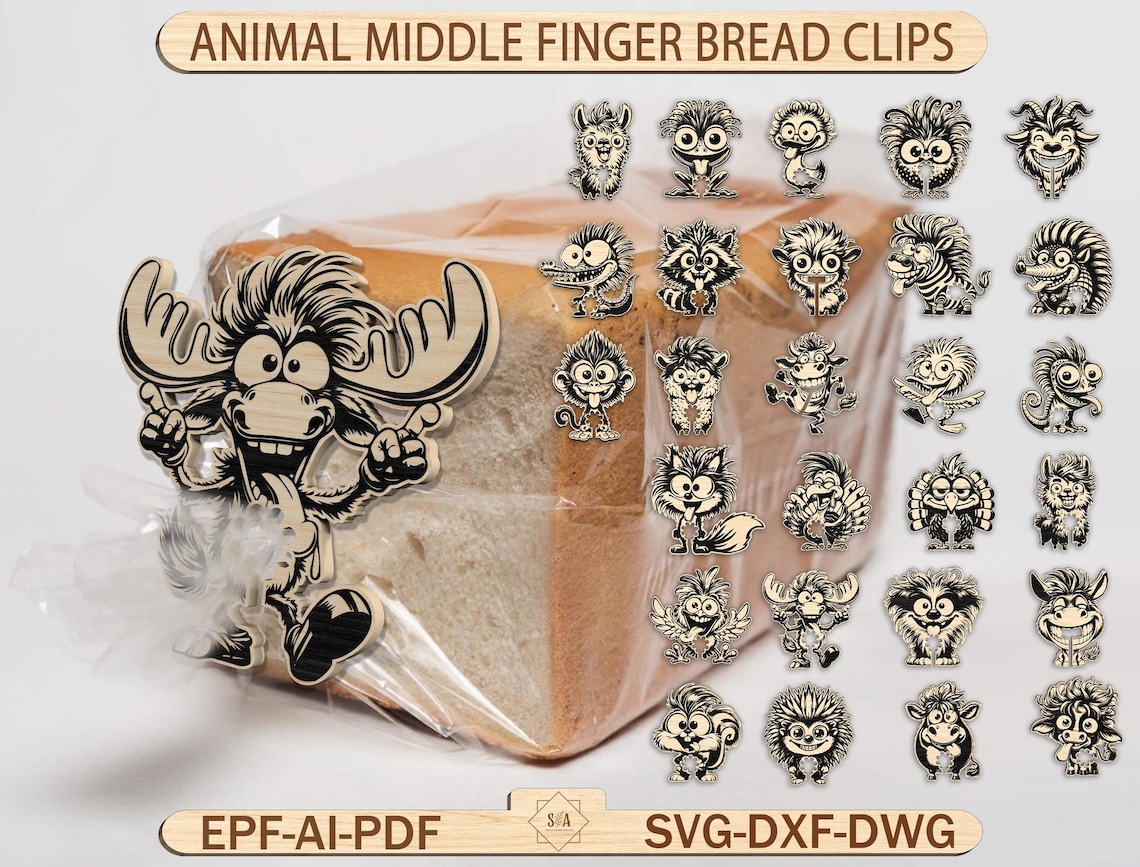 Funny Animal Bread Clips SVG Laser Cut, Bag Clip File, Animals, Animal ...