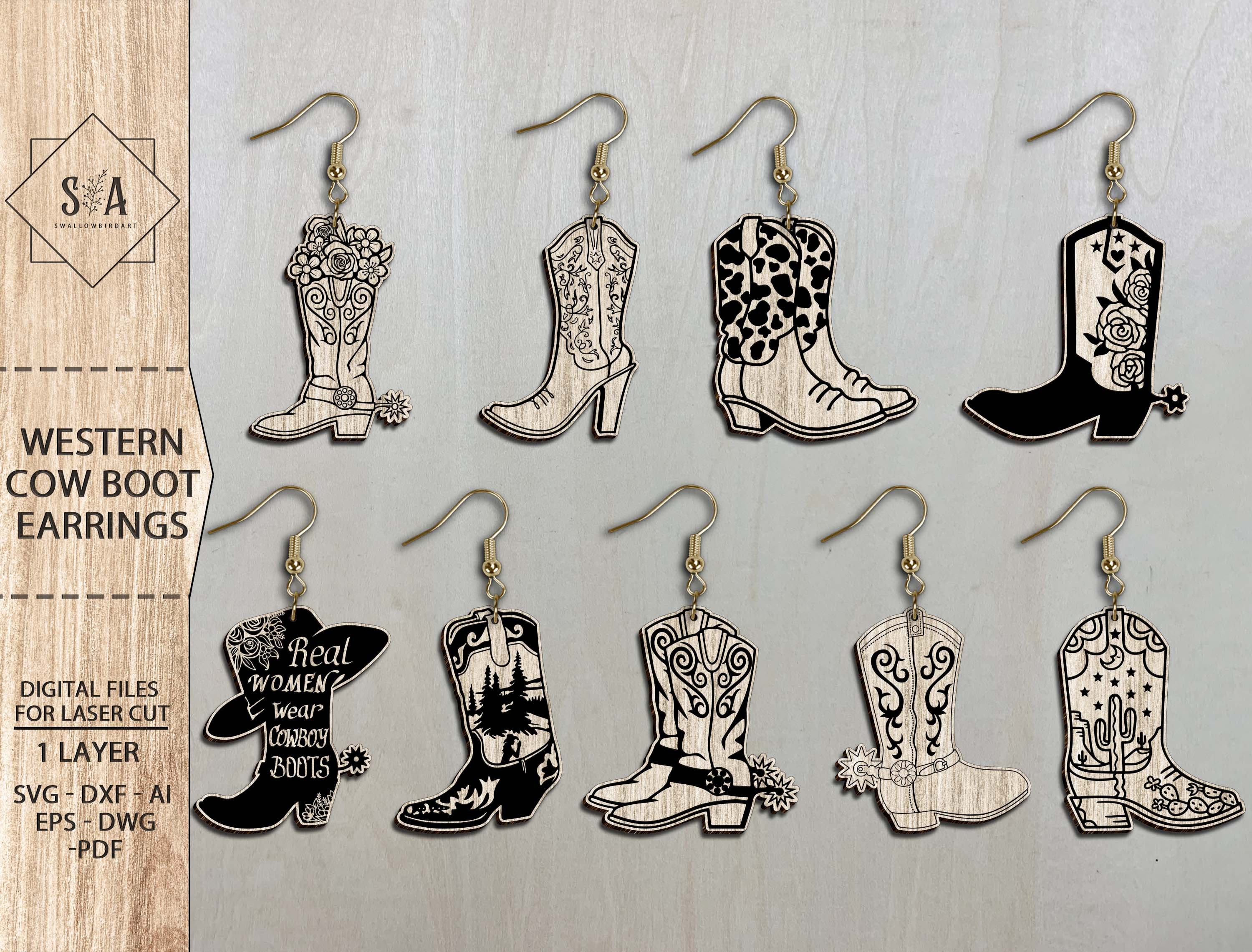 Western Cowboy Boot Earrings Bundle Svg, Cowgirl Boot Earring Svg ...