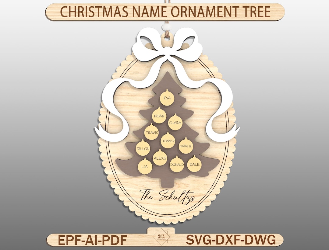 Oval Christmas Tree Family Ornament SVG, Layered Wood Name Bauble Laser ...