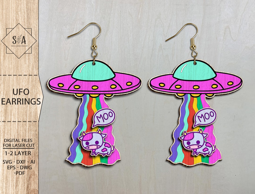Alien Ship Beaming up Cow Earrings Svg, UFO Earrings Laser File, UFO ...