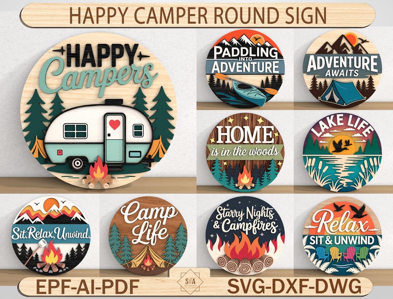 Camping Round Sign SVG Bundle, Camper Adventure Sign , Outdoor Campfire ...