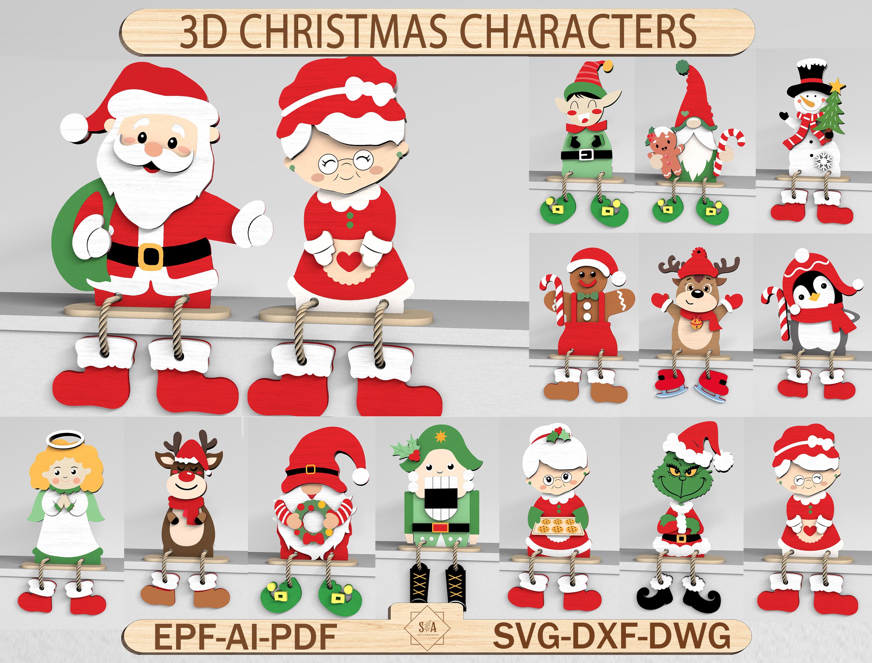 3D Christmas Characters SVG , Santa Elf Reindeer Gnome Snowman Laser ...