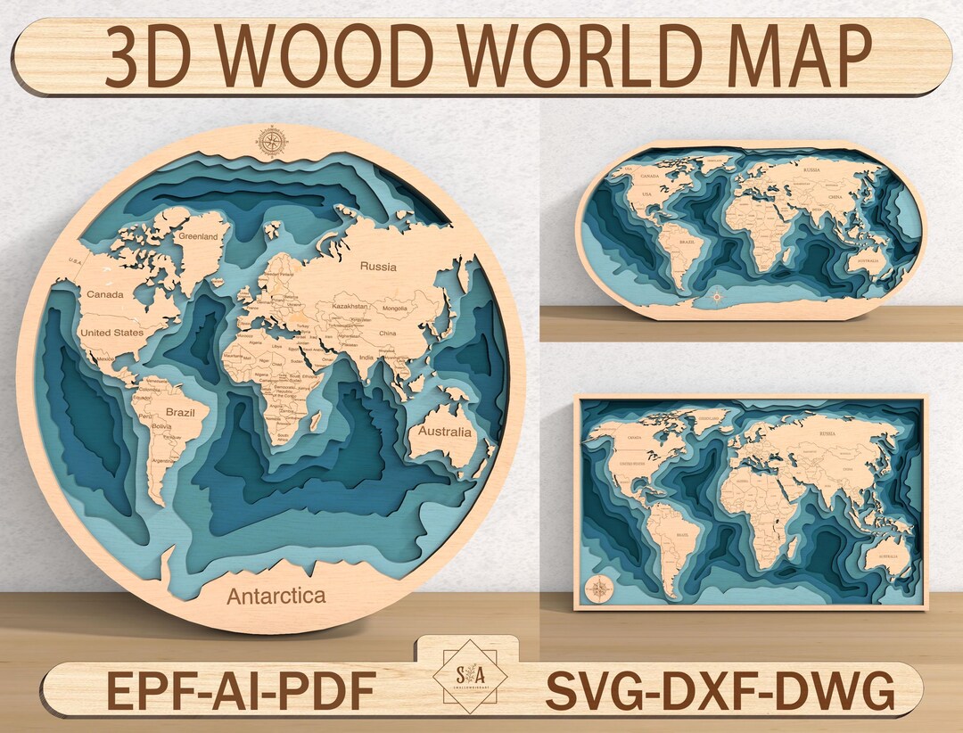 3D World Map, Laser Cutting Files for Creating Multilayered Wall Art ...
