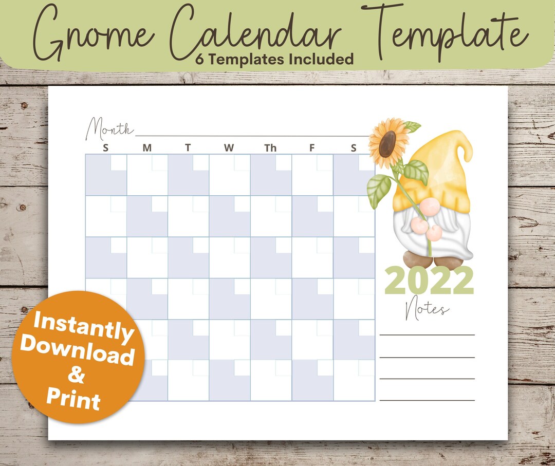 Gnome & Flower Calendar Template Blank Printable - Etsy