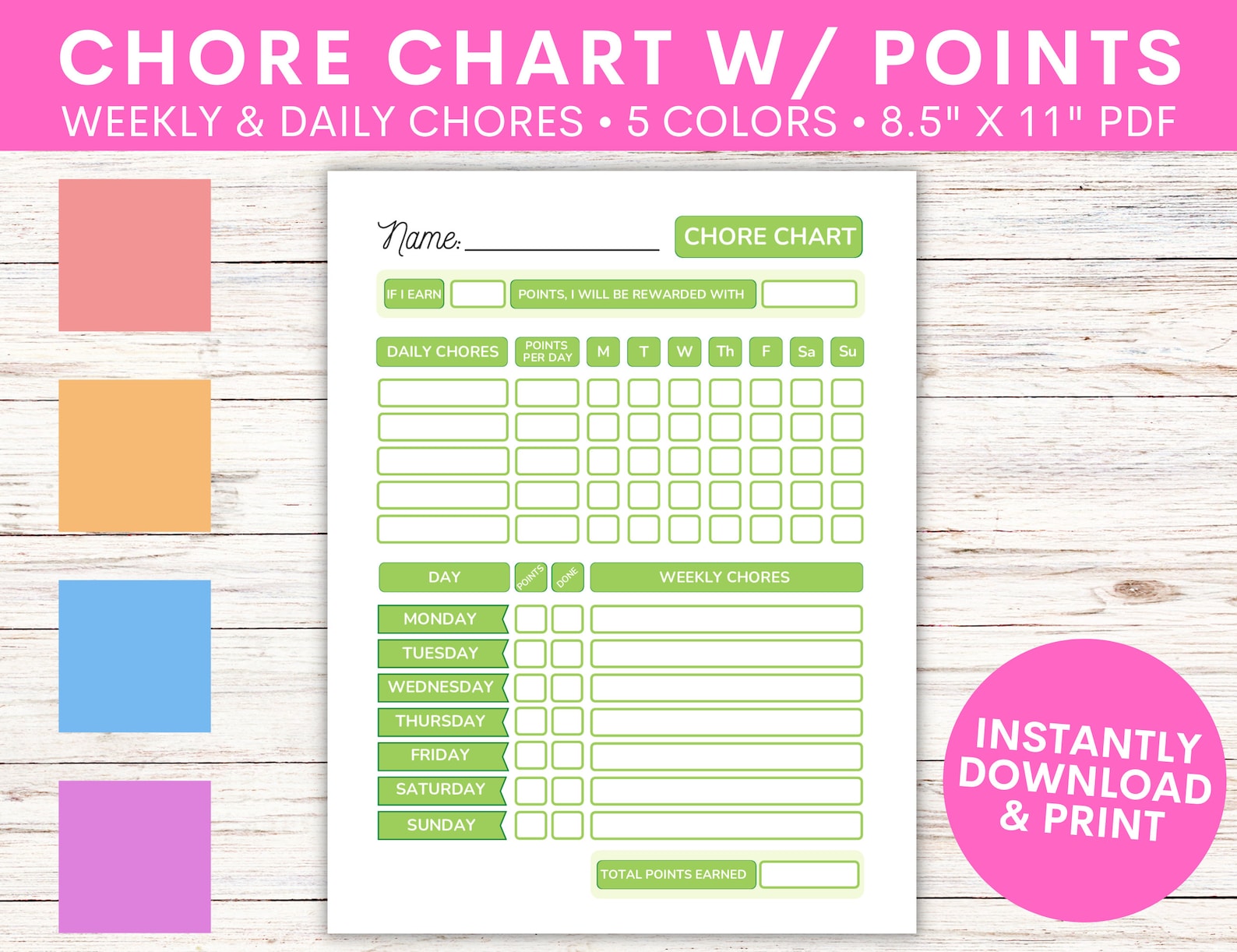 Kids Chore Chart With Point System | Children's Allowance Tracker ...