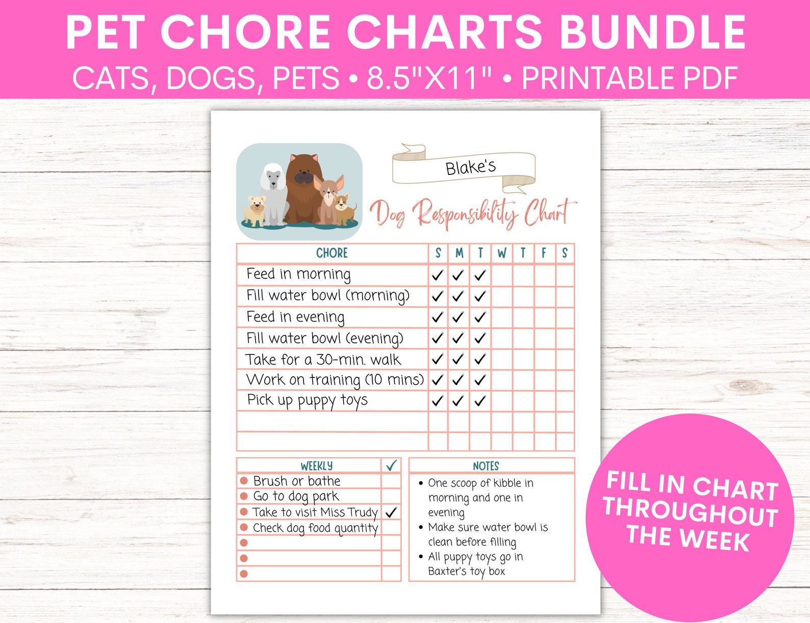 Pet Responsibility Chart for Kids | Children and Teens Dog and Cat ...