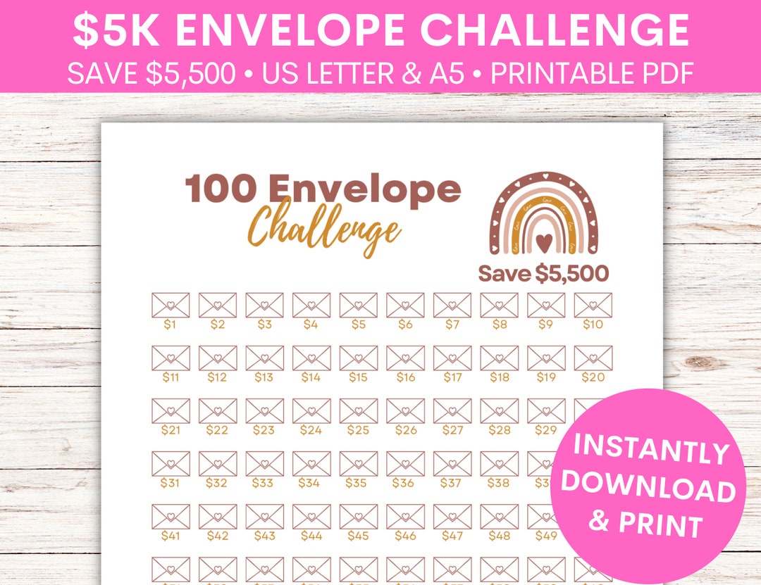 5k 100 Envelope Challenge With Boho Design | 5.5k or 5,500 Dollar ...