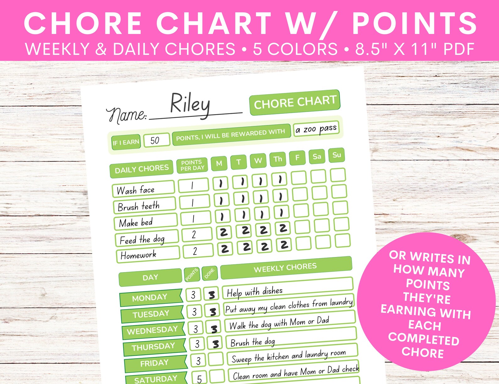 Kids Chore Chart With Point System | Children's Allowance Tracker ...