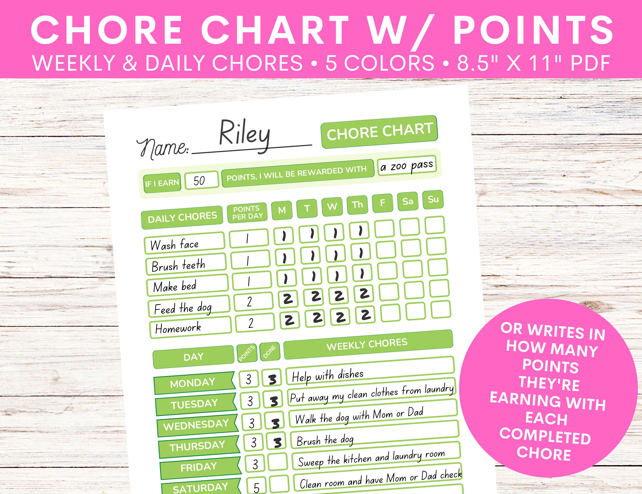 Kids Chore Chart With Point System | Children's Allowance Tracker ...