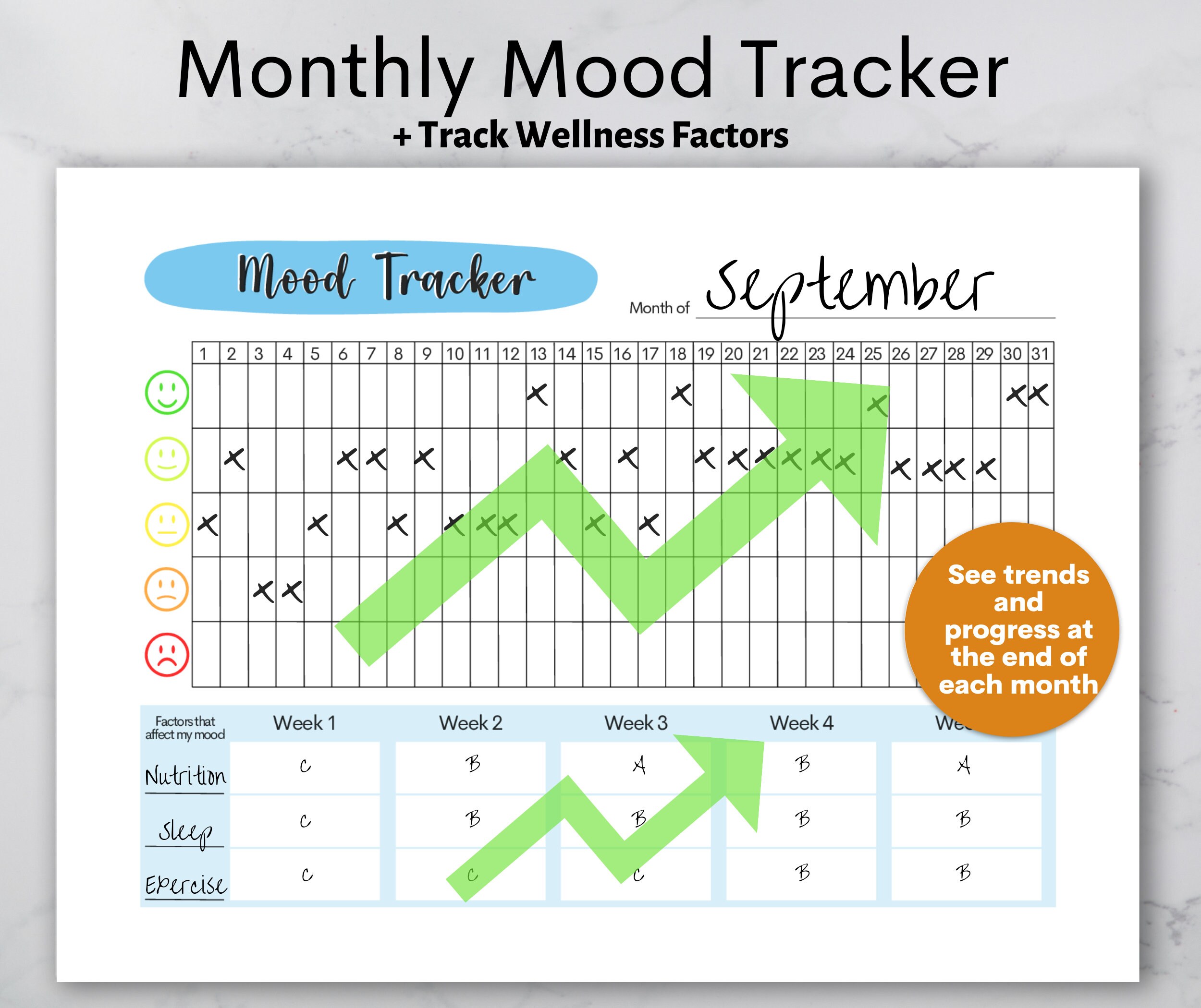 Mood Tracker Printable Instant Download Daily Weekly Monthly Goal Log ...