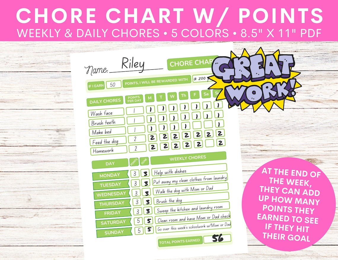 Kids Chore Chart With Point System | Children's Allowance Tracker ...