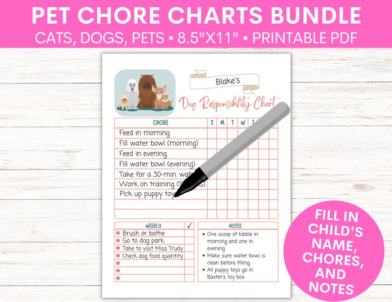 Pet Responsibility Chart for Kids | Children and Teens Dog and Cat ...