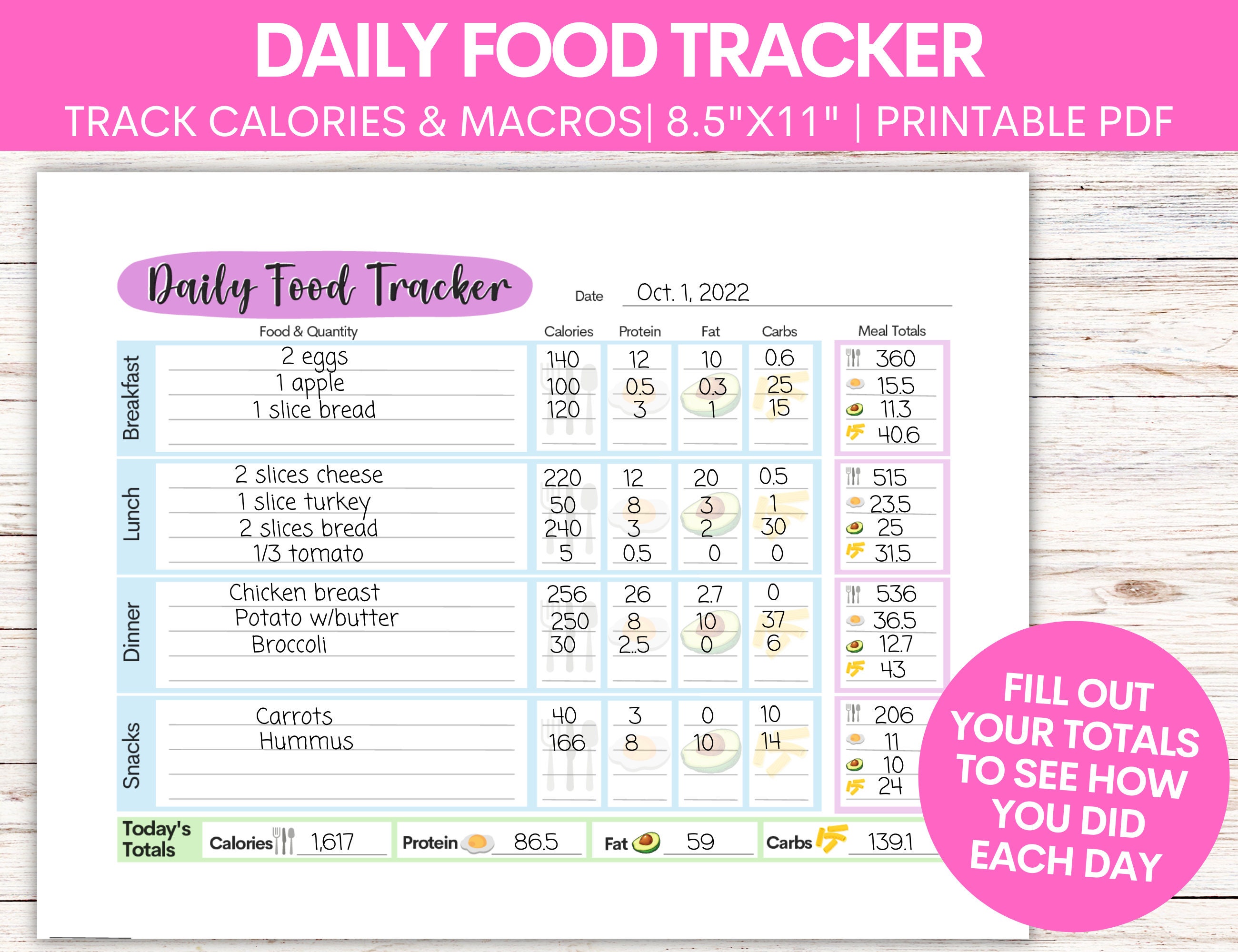 Daily Food Tracker | Calories and Macros Tracker | Printable | Instant ...