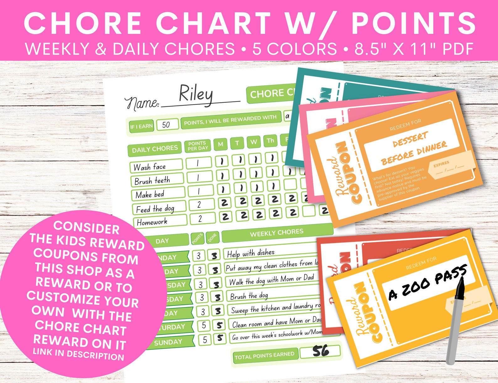 Kids Chore Chart With Point System | Children's Allowance Tracker ...