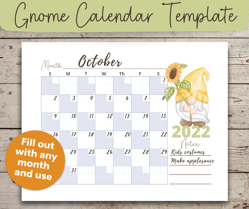 Gnome & Flower Calendar Template Blank Printable - Etsy