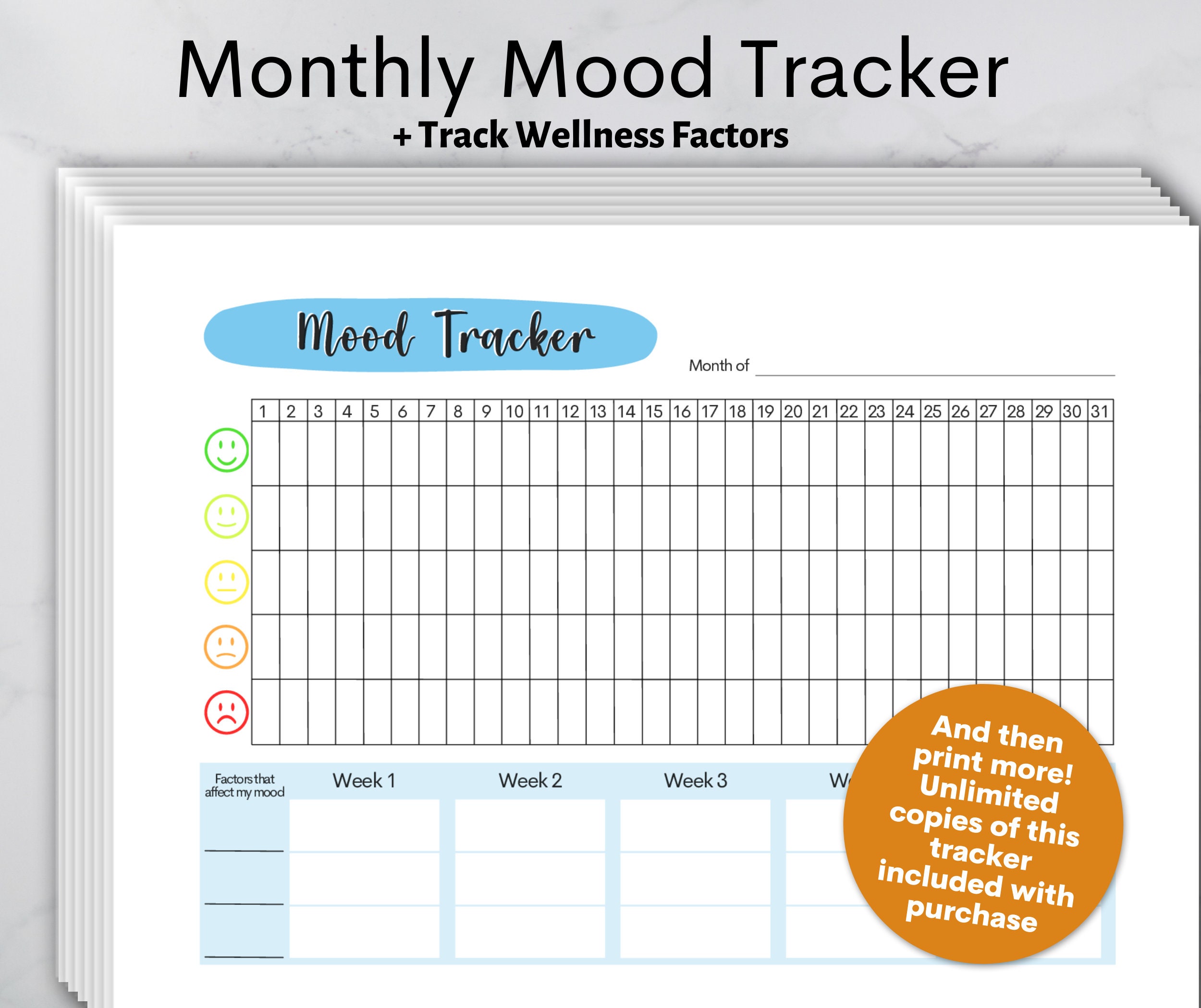 Mood Tracker Printable Instant Download Daily Weekly Monthly Goal Log ...