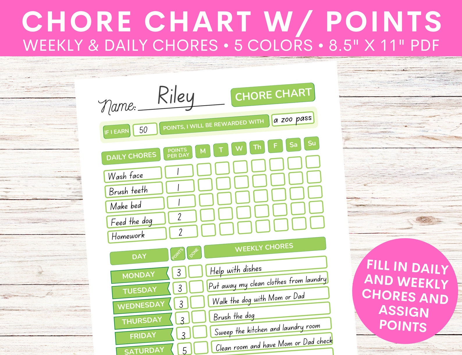 Kids Chore Chart With Point System | Children's Allowance Tracker ...