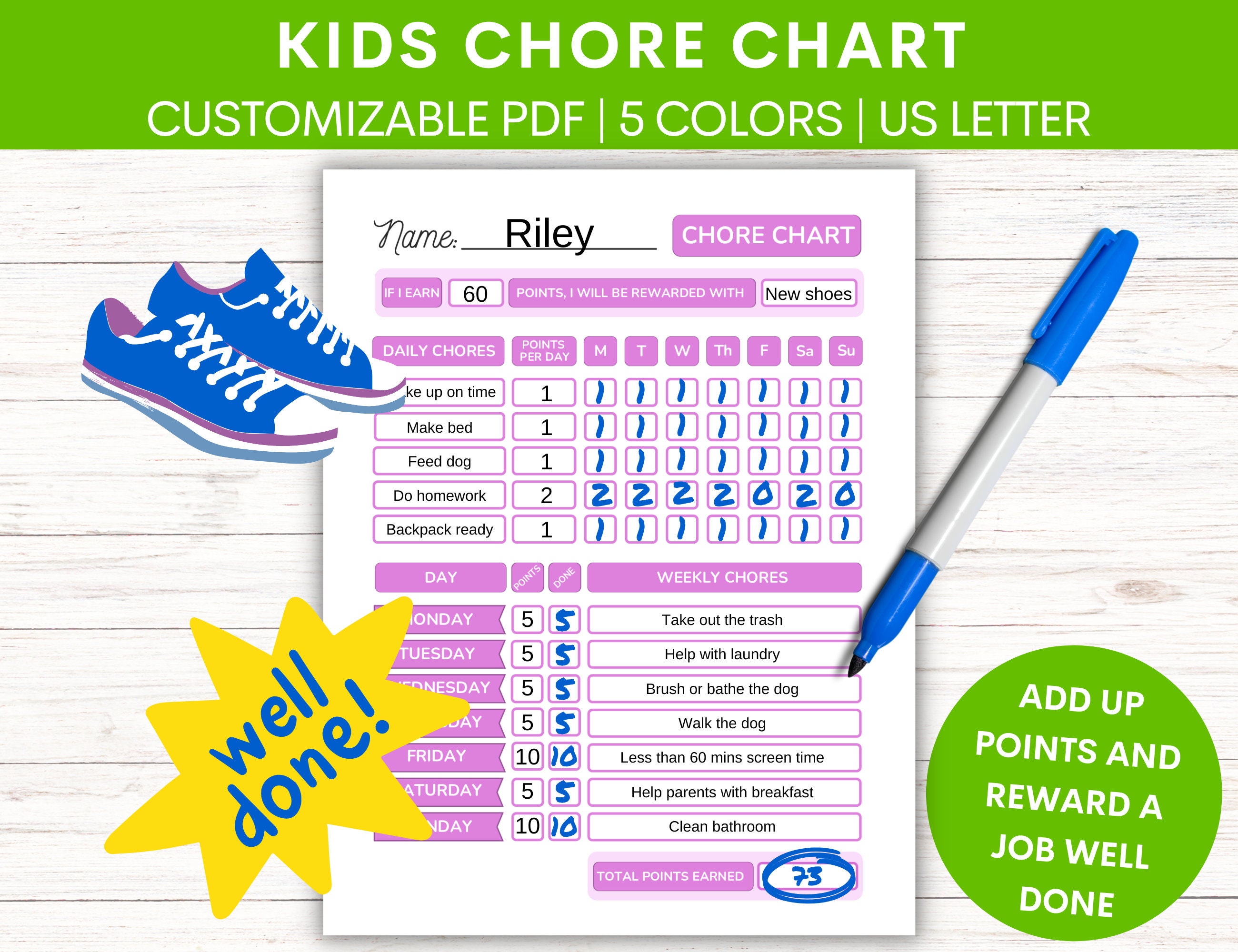 Customizable Kids Chore Chart With Point System | Fillable, Editable ...