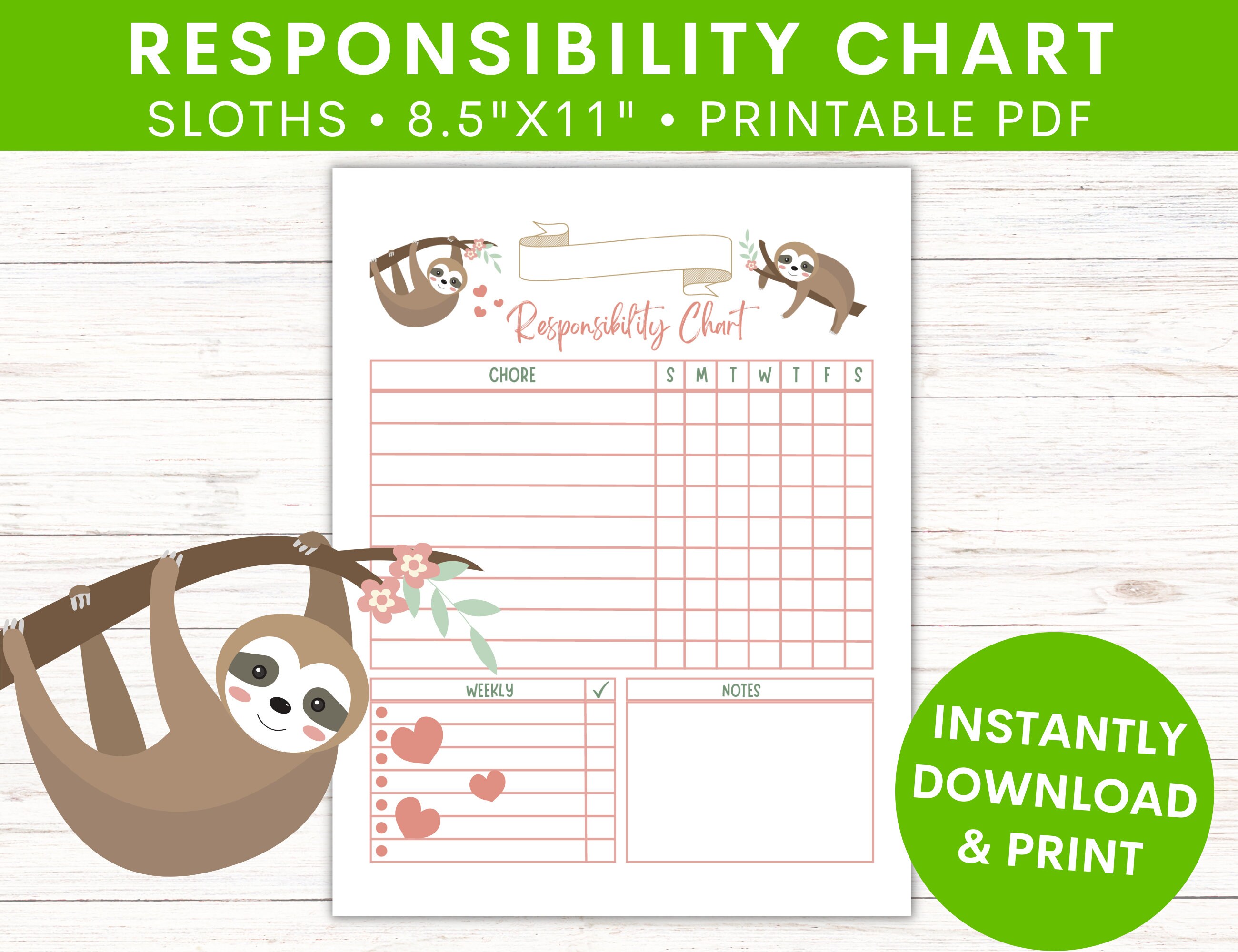 Sloth Kid and Teen Responsibility Chart Children's Reward Chart Good ...