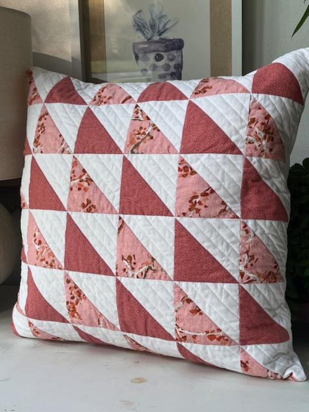 Pink, Quilted, Zippered, Triangle Pillow Cover. This Pillow Measures 18 ...